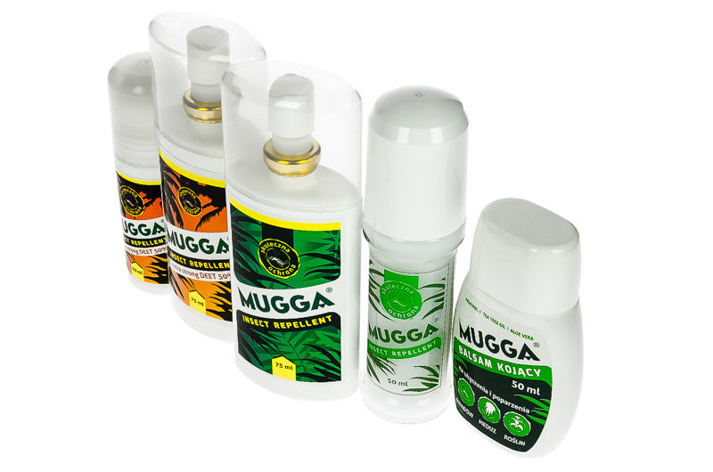 Mugga Strong 50% DEET i classic spray, roll-on i balsam.