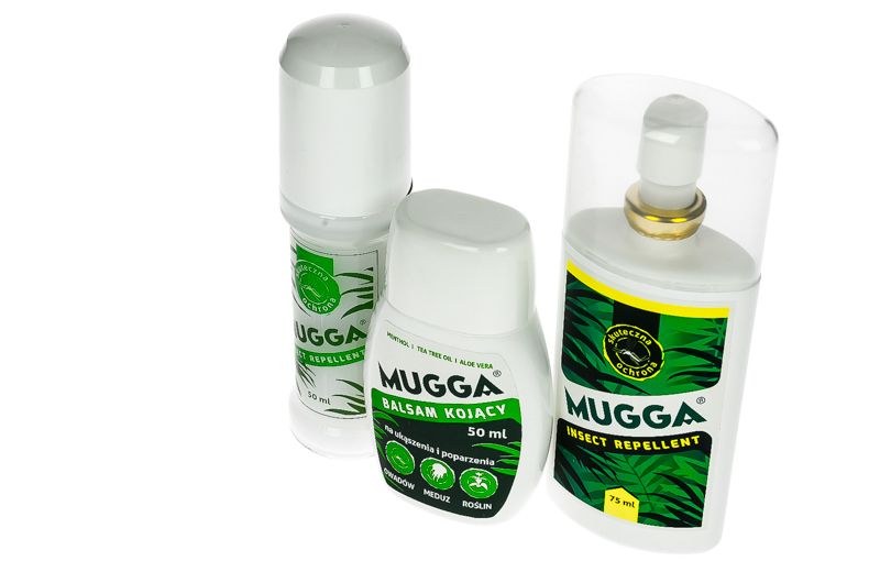 Mugga Strong 50% DEET i classic spray, roll-on i balsam.